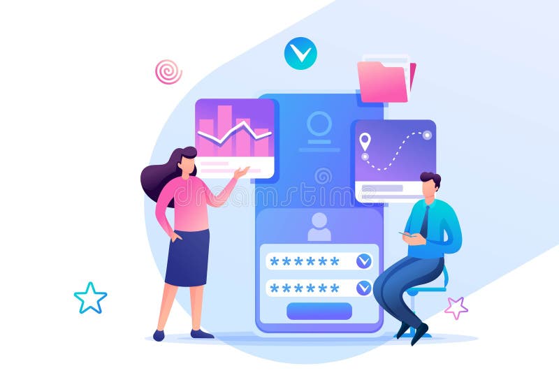 Young People Using Mobile Apps for Data Analysis. Flat 2D Character ...