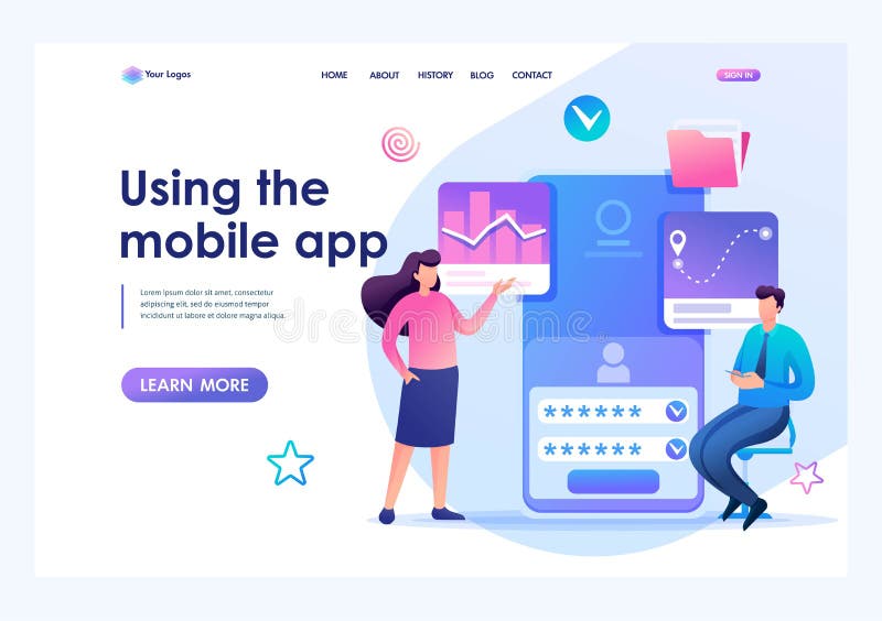 Young People Using Mobile Apps for Data Analysis. Flat 2D Character ...