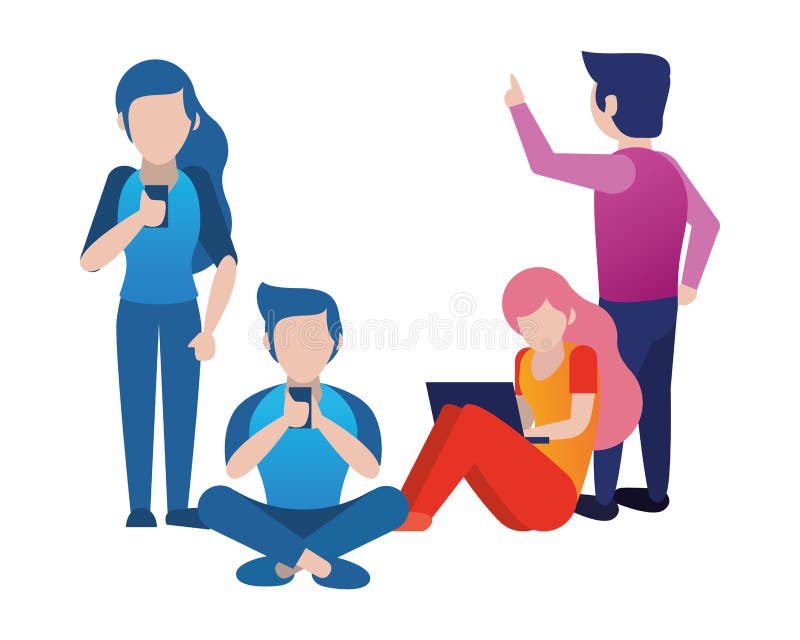 Young People Using Smartphone and Laptop Characters Stock Vector ...
