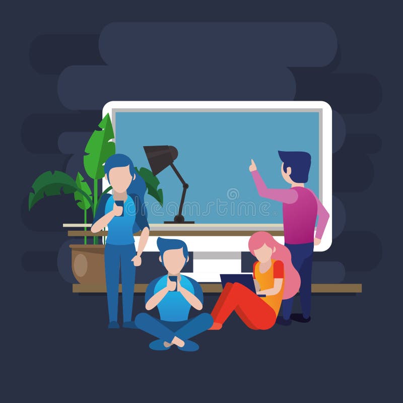 Young People Using Smartphone and Laptop Characters Stock Vector ...