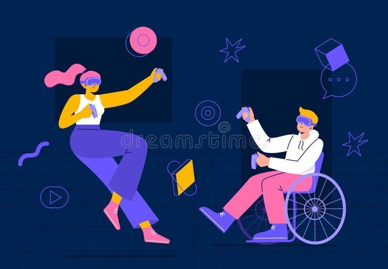 Young People Wearing Virtual Reality Glasses Interact and Explore a ...