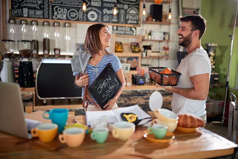 Young People Work To Open Their Cafe Store Stock Image - Image of ...