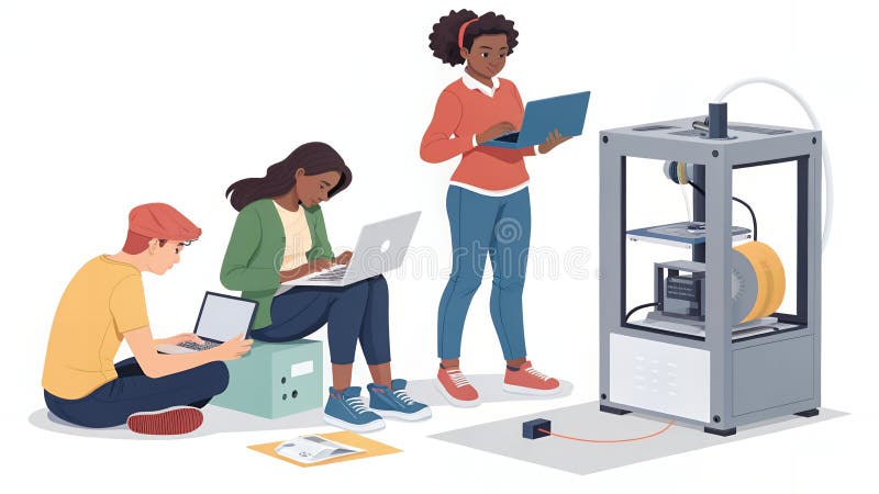 Young People Working with Laptop and 3d Printer on a Project Stock ...