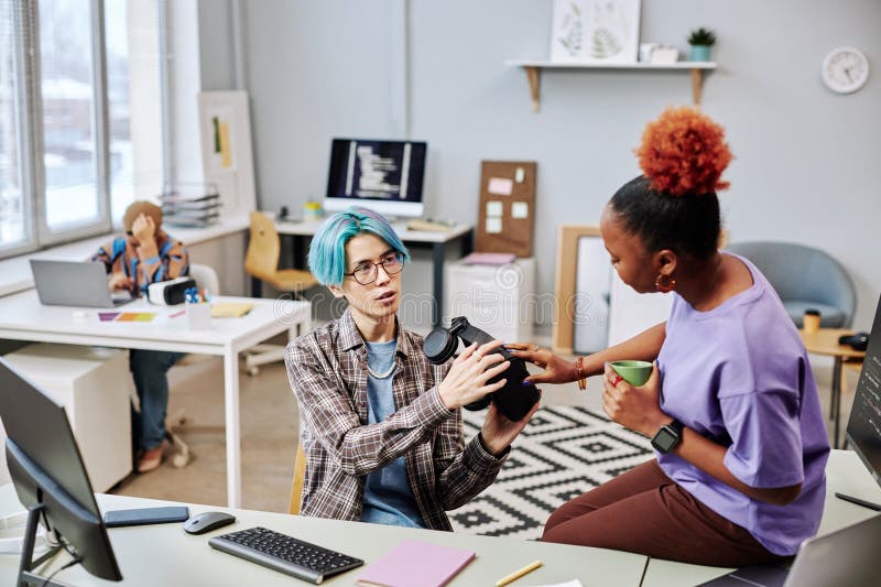 Man with Blue Hair Using Computer in Office Stock Image - Image of ...