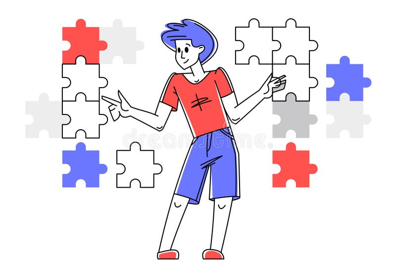 Young Person Combining Puzzles and Creating a System, Vector Outline ...