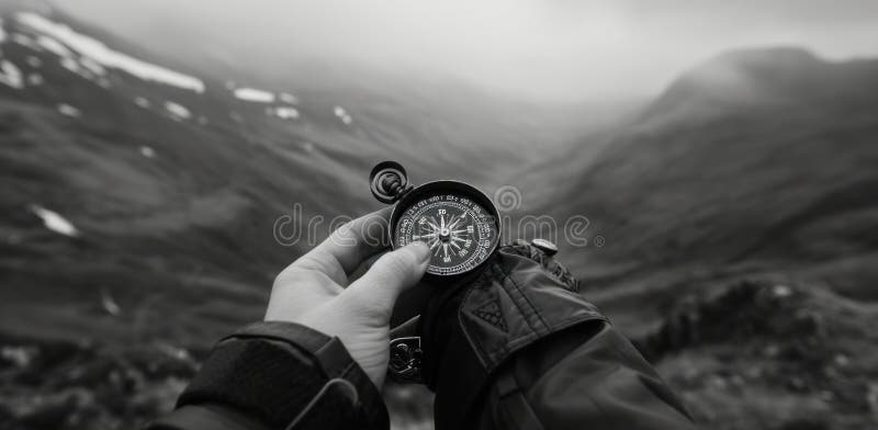 A Young Person Hand Holding a Compass Full of Mountains Stock ...