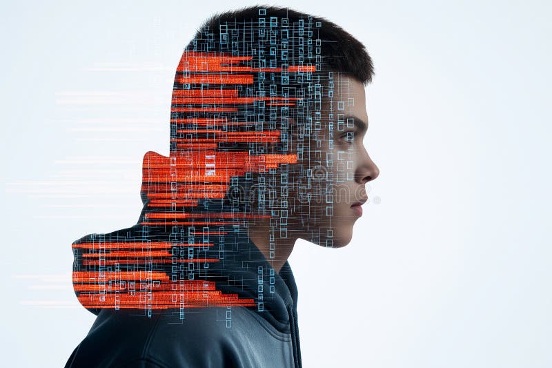 Young Person in Hoodie is Depicted with Digital Overlay of Binary Code ...