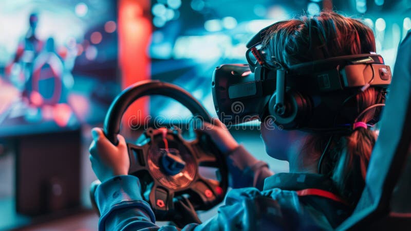 A Young Person is Immersed in a Virtual Reality Racing Simulation ...