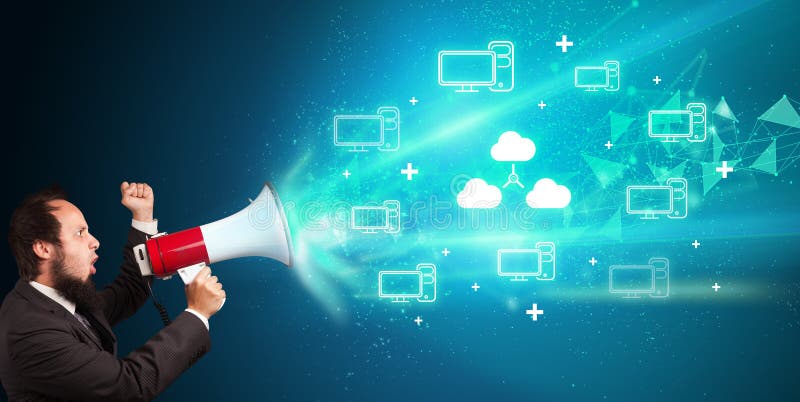 Young Person with Megaphone and Technology Related Icon Stock Image ...