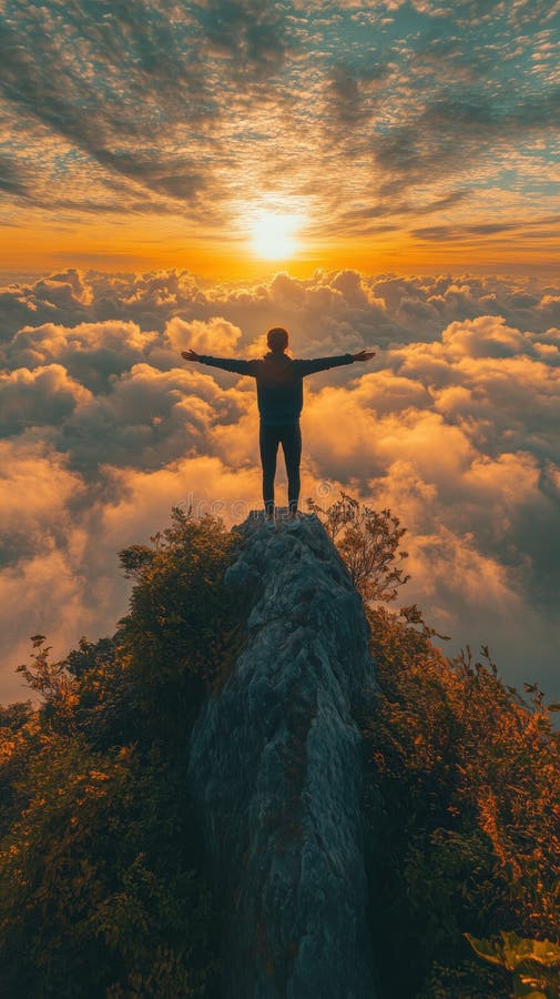 Young Person Standing on Mountain Peak at Sunrise, Embracing Nature ... Young Person Standing on Mountain Peak at Sunrise, Embracing Nature ...