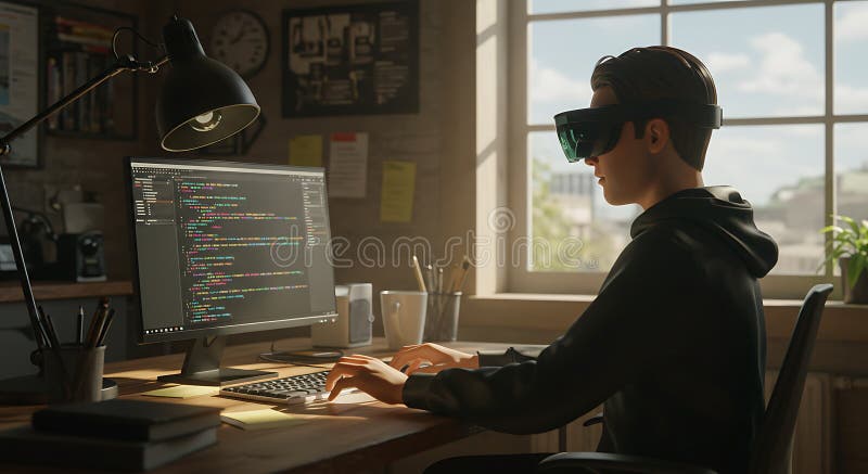 Young Person Using Augmented Reality Glasses Working with Computer Code ...