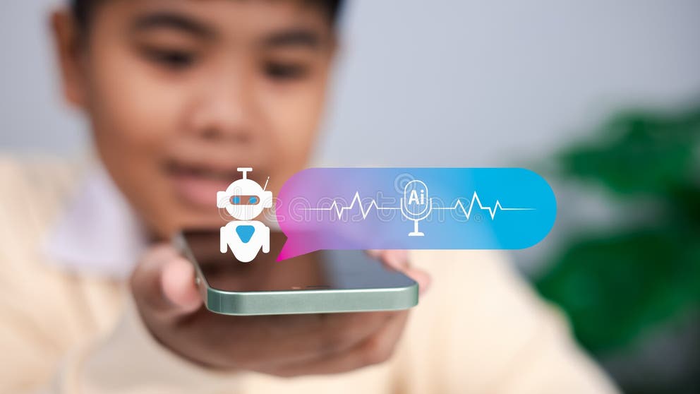 Young Person Using Smartphone with AI Assistant Chatbot and Voice Wave Icon Representing ...