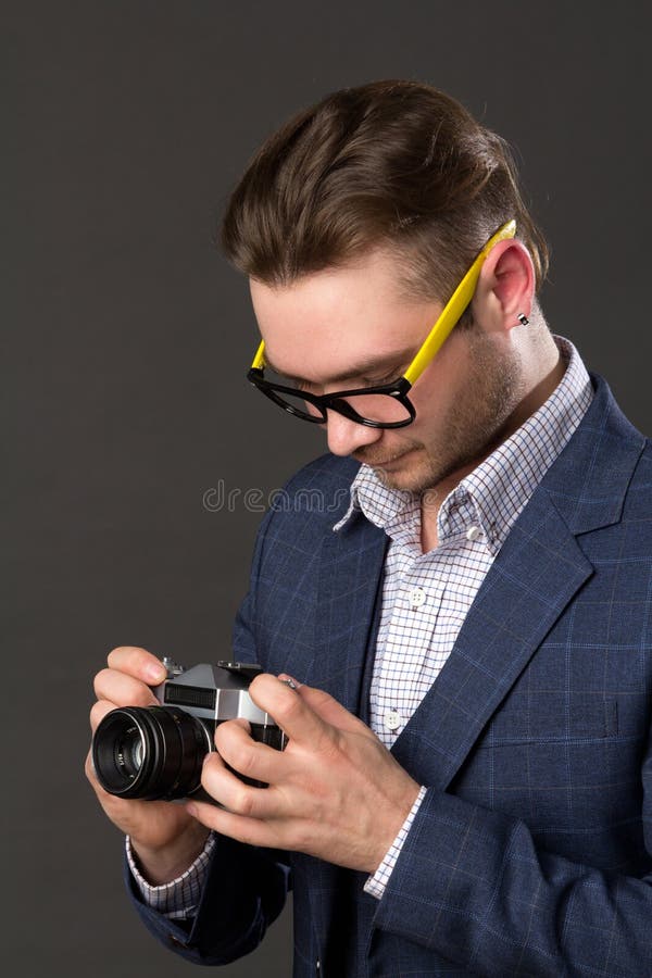Young Photographer Looking Camera Settings Stock Photo - Image of ...