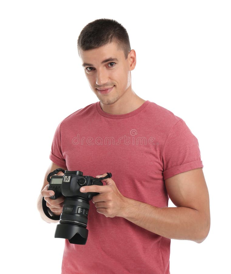 Young Photographer with Professional Camera on Background Stock Photo ...