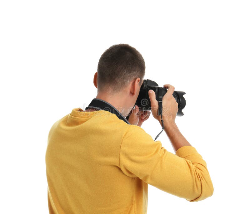 Young Photographer with Camera on White Background, Back View Stock ...