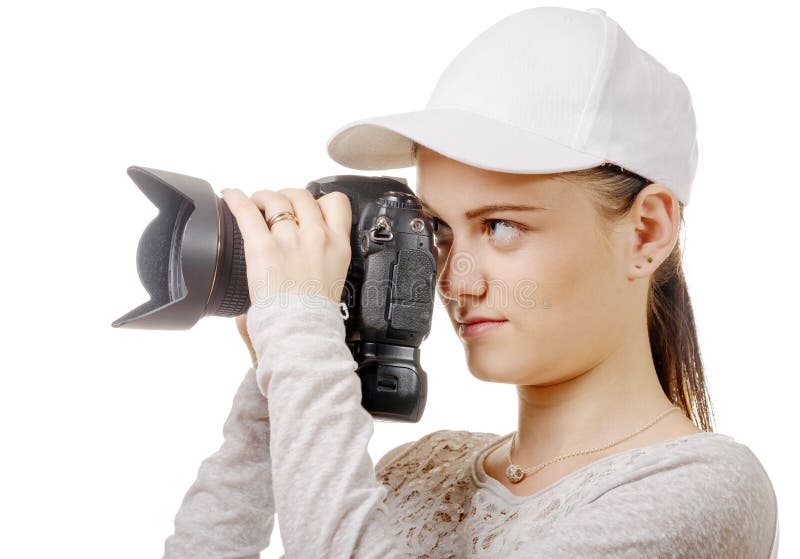Young Photographer Woman with White Cap Isolated on White Stock Photo ...