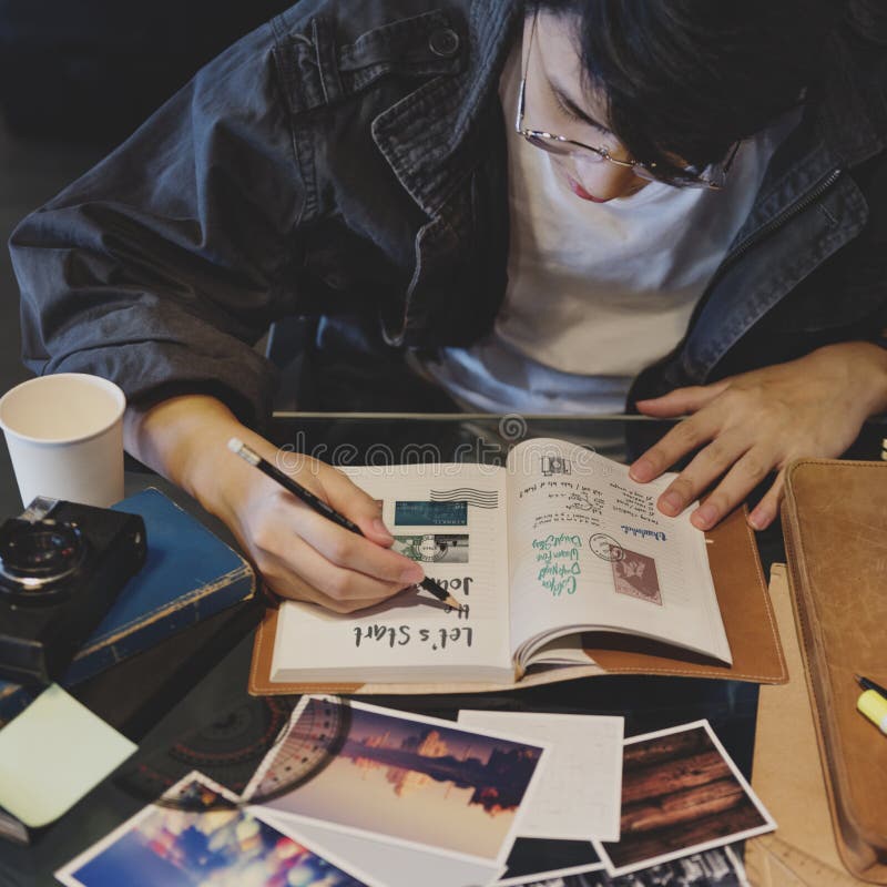 Young Photographer Writing Diary and Photobook Stock Image - Image of ...