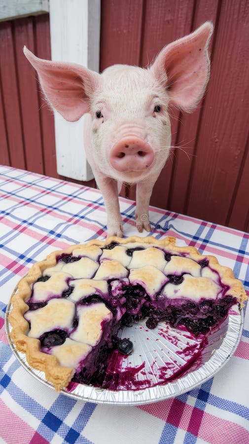 Young Pig on Table Facing Pie with Purple Filling, Rural Background ...