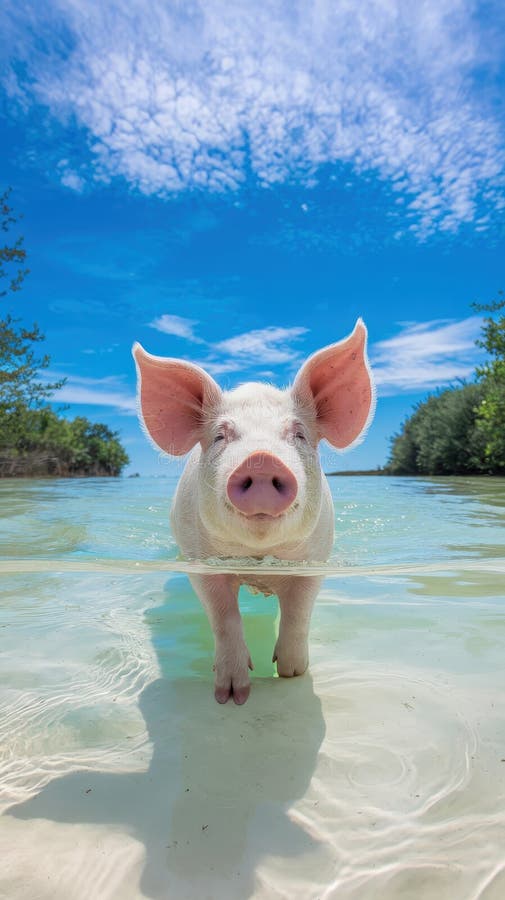 Young Pig Wading in Shallow Water on Sunny Day Stock Illustration ...