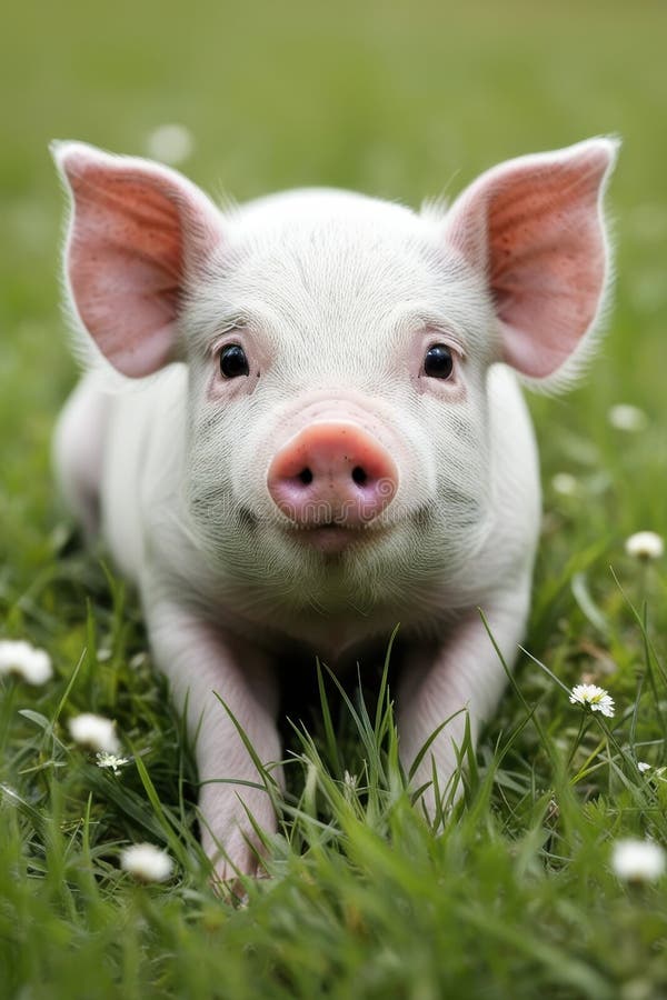 Young Piglet Lying in Grass with Attentive Expression, Soft Green ...