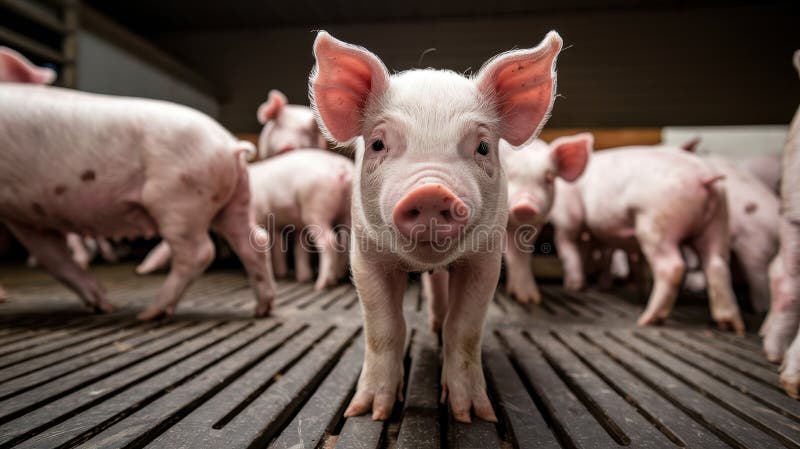 Young Pigs in Indoor Farm Enclosure Looking Towards Camera Stock ...