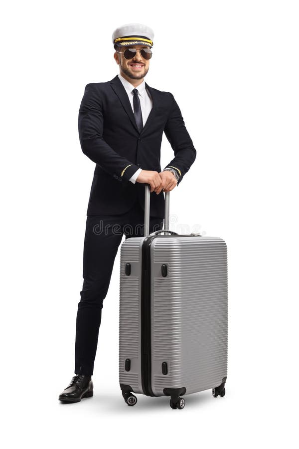 Young Pilot in a Uniform Standing and Holding a Suitcase with Wheels ...