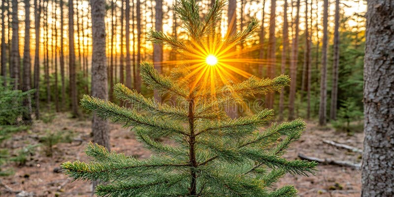 Young Pine Tree in Forest at Sunset Golden Hour Sunlight Rays Stock ...