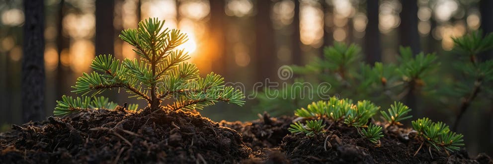 Young Pine Tree Sapling Grows in Forest at Sunrise. Close Up ...