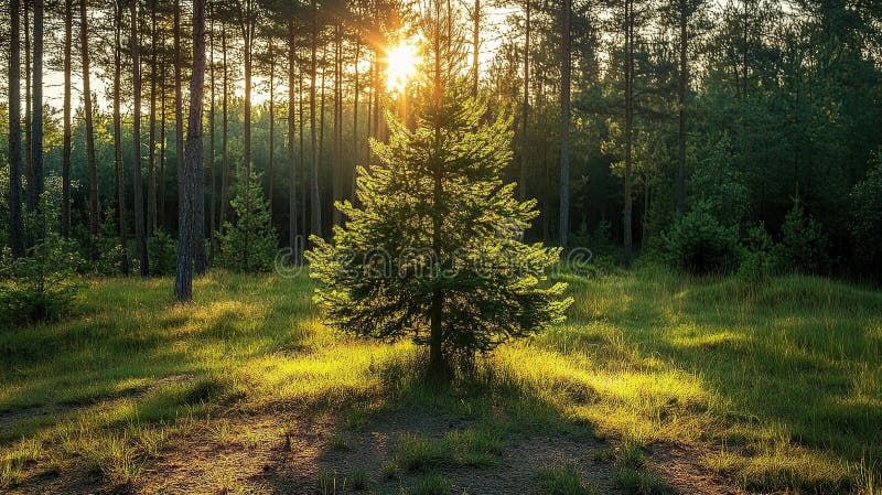 Young Pine Tree in Sunlit Forest Clearing Stock Illustration ...