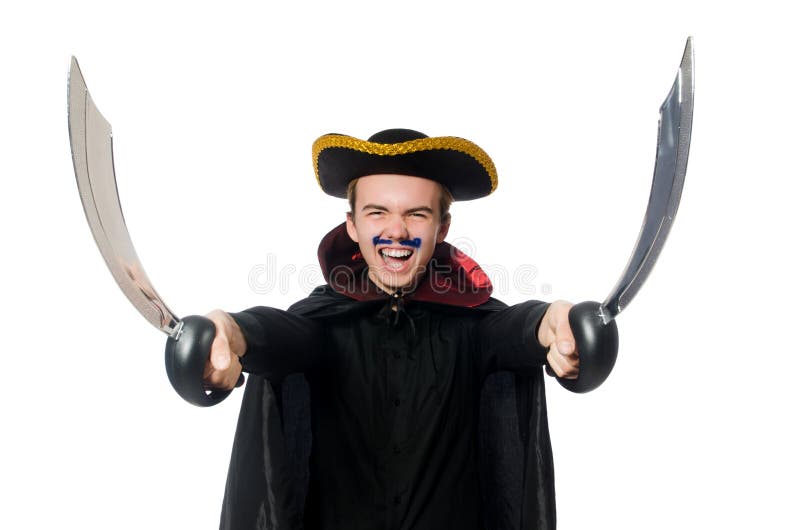 The Young Pirate Holding Sword Isolated on White Stock Photo - Image of ...