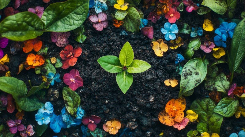 Young Plant Breaking through Dark Soil Surrounded by Colorful Flowers ...