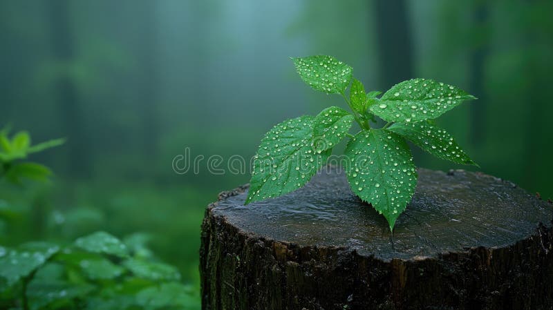 Young Plant with Dew on Tree Stump in Misty Forest Stock Photo - Image ...