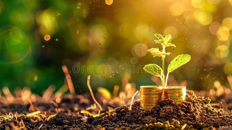 Young Plant Emerging from a Stack of Gold Coins in Rich Soil Stock ...