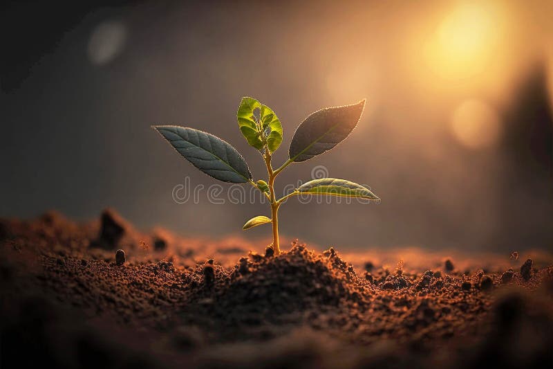 Young Plant with Ground Backdrop and Dawn Light. New Life is Beginning ...
