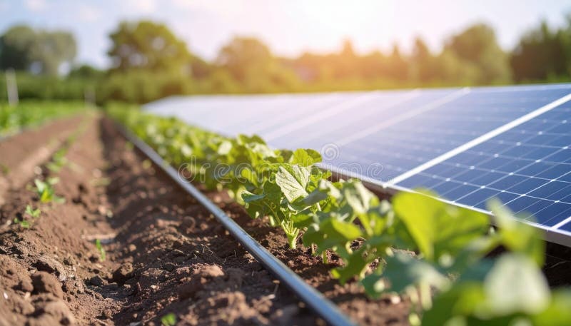 Young Plant Growing Farm with Solar Powered Irrigation System Stock ...