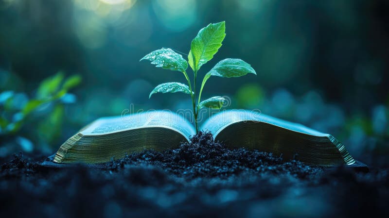 Young Plant Growing from Open Book in Lush Forest Environment Stock ...