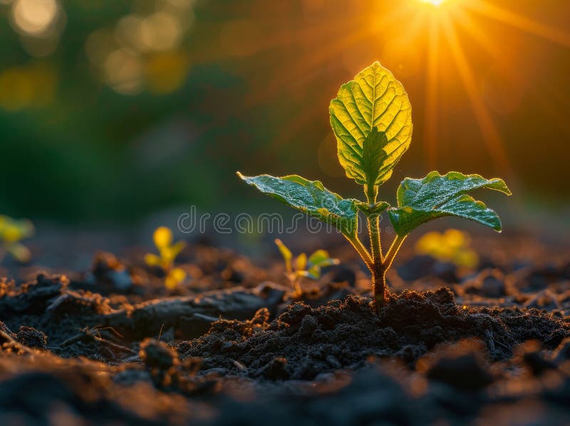 Young Plant Growing on the Soil with Light of the Sunset Stock Photo ...
