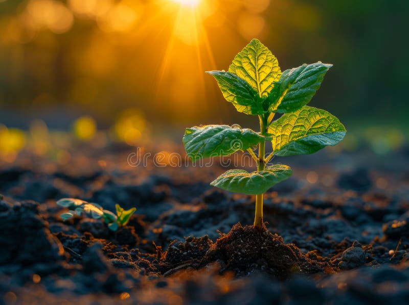 Young Plant Growing on the Soil with Light of the Sunset Stock Image ...