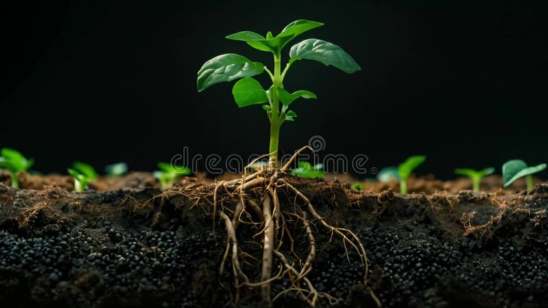 Young Plant Growing in Soil with Roots Graphic Stock Footage - Video of ...