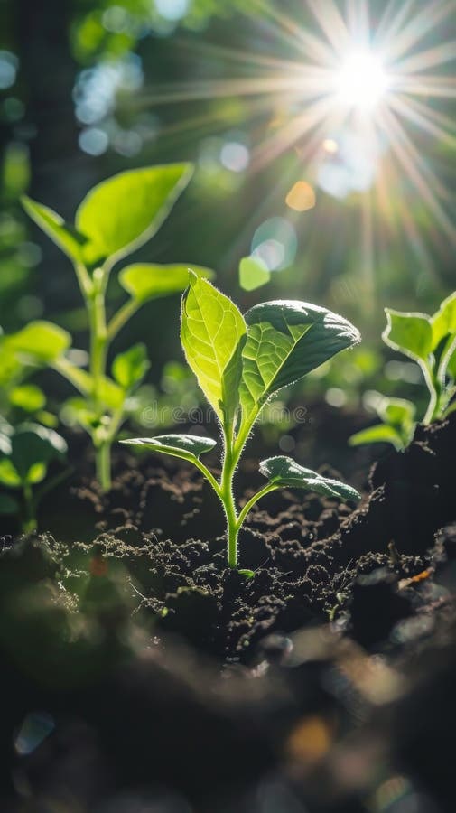 Young Plant Growing in Soil with Sunlight, Close-up Nature Scene Stock ...