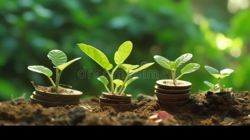 Young Plant Growing from a Stack of Coins in Soil. Financial Growth ...