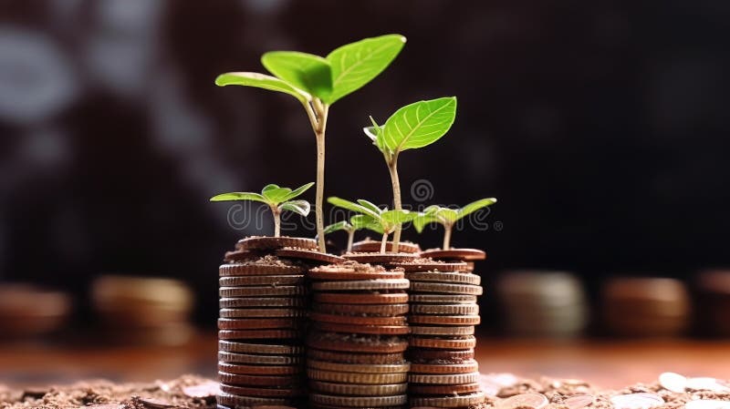 Young Plant Growing from a Stack of Coins in Soil. Financial Growth ...