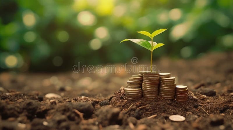 Young Plant Growing from a Stack of Coins in Soil. Financial Growth ...