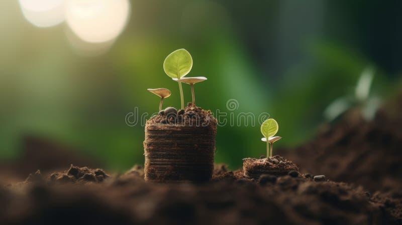 Young Plant Growing from a Stack of Coins in Soil. Financial Growth ...