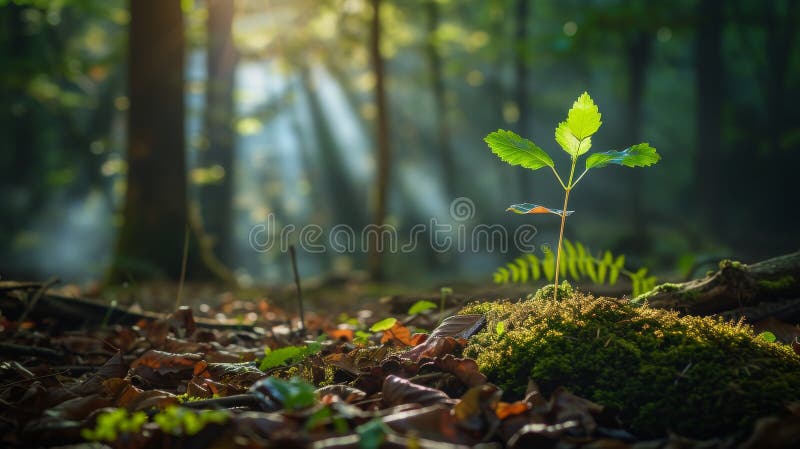 Young Plant Growing in a Sunlit Forest with Rays of Light, Nature ...