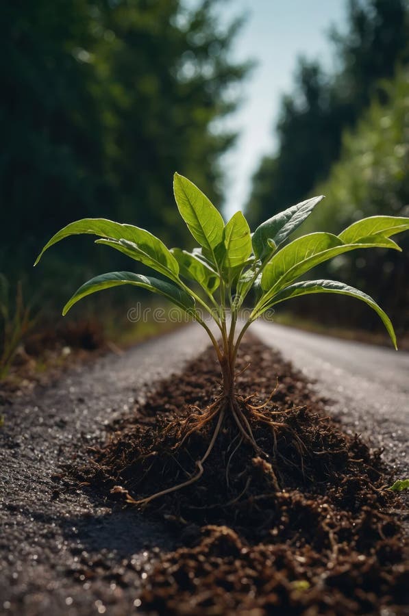 A Tiny Sapling Growing through Asphalt Crack, Symbolizing Resilience ...