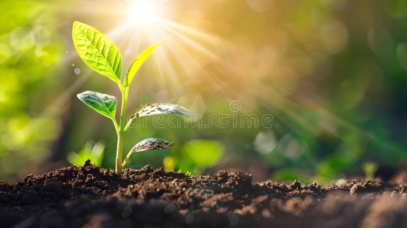 Young Plant Growing in Soil with Sunlight and Green Background Stock ...