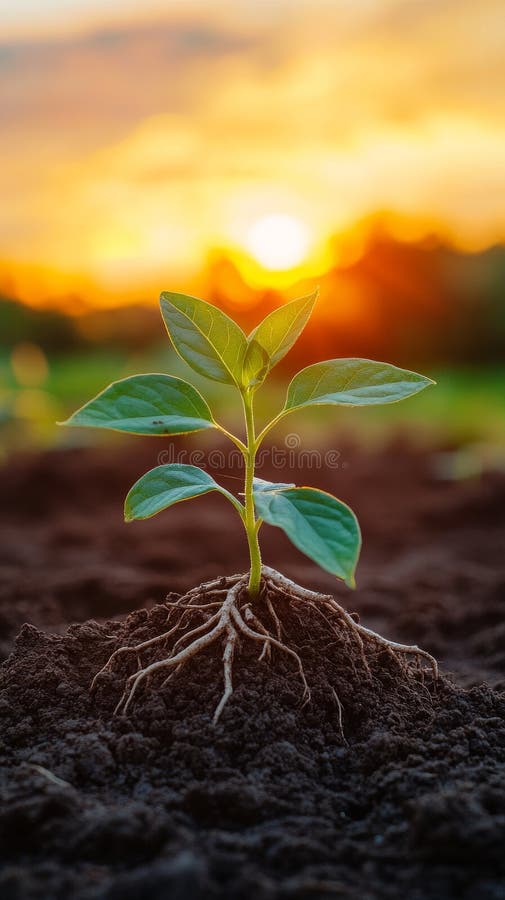 Young Plant with Roots in Soil at Sunset, Growth and Nature Concept ...