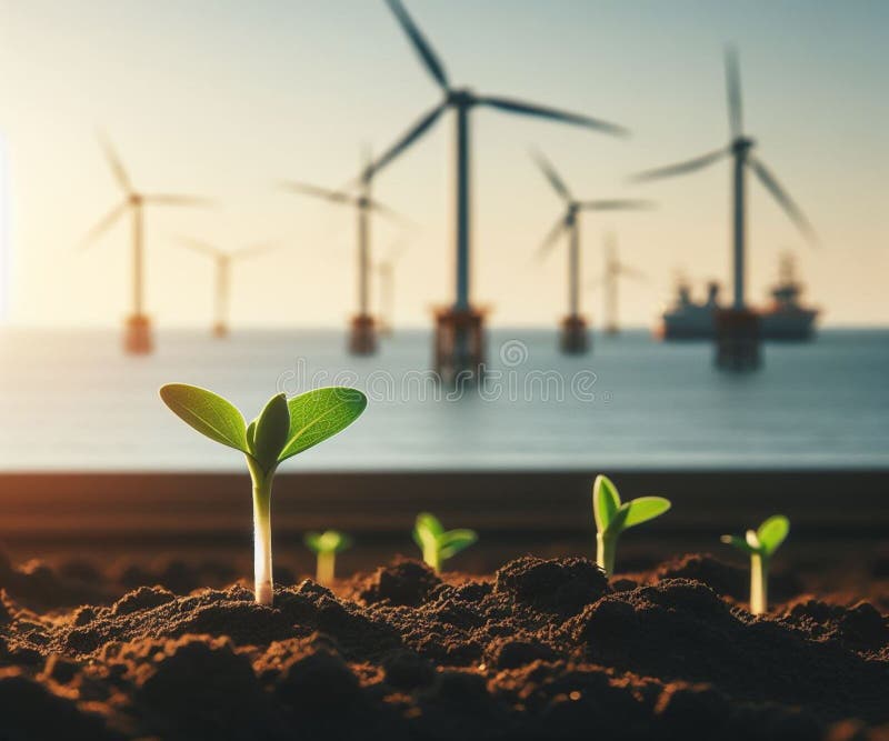 Young Plant Springing Up Out of the Soil Offshore Windmill Farm in the ...