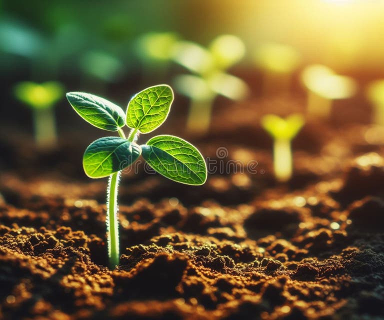 Young Plant Springing Up Out of the Soil the Sun Shines Stock ...